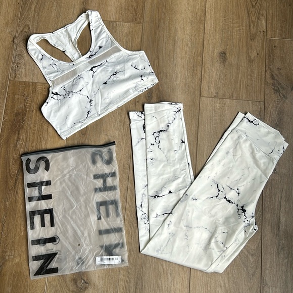 SHEIN | Pants & Jumpsuits | Nwt Shein White Marble Workout Set Small ...